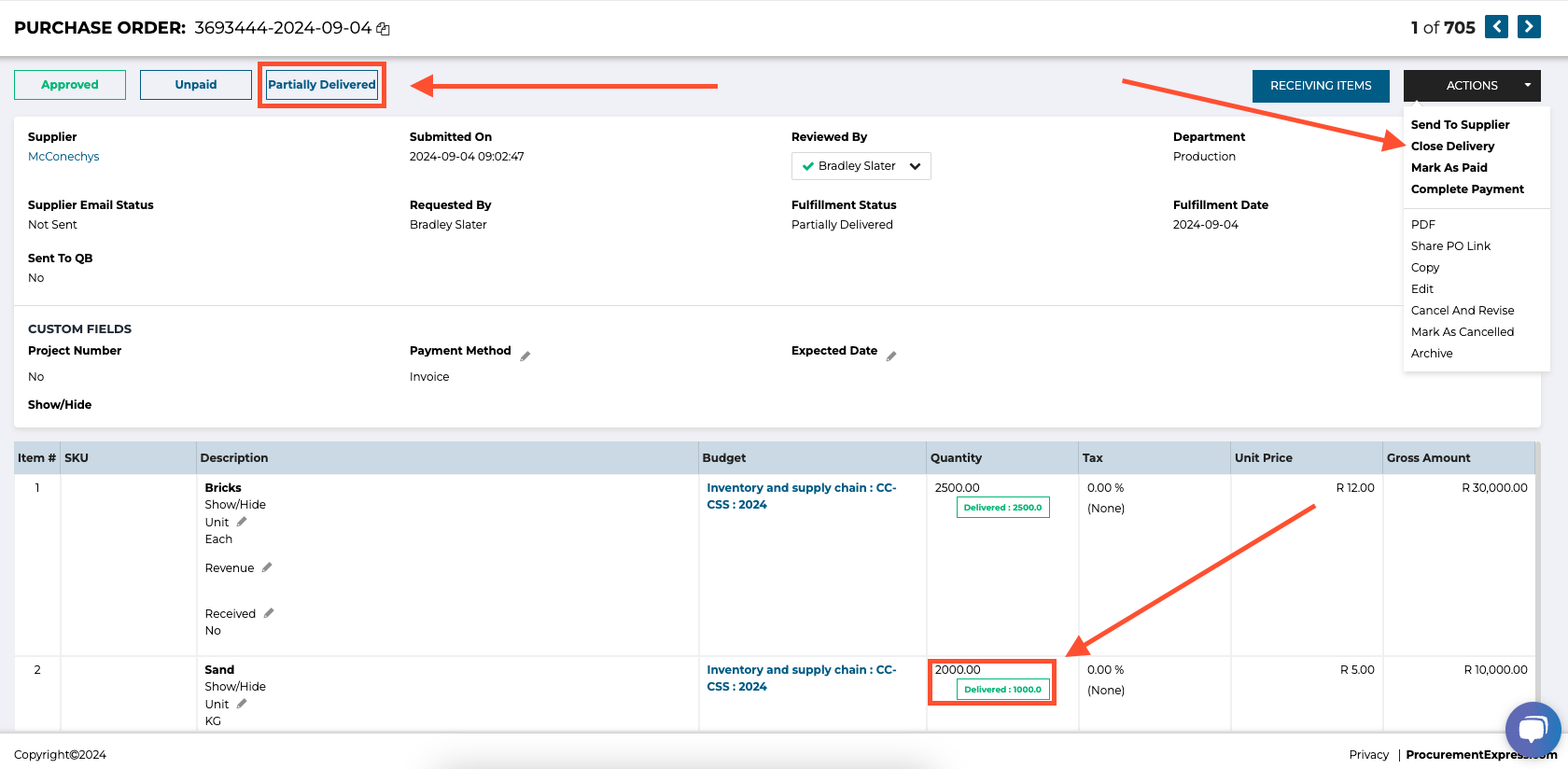 Receiving Items and marking Deliveries on Purchase Orders